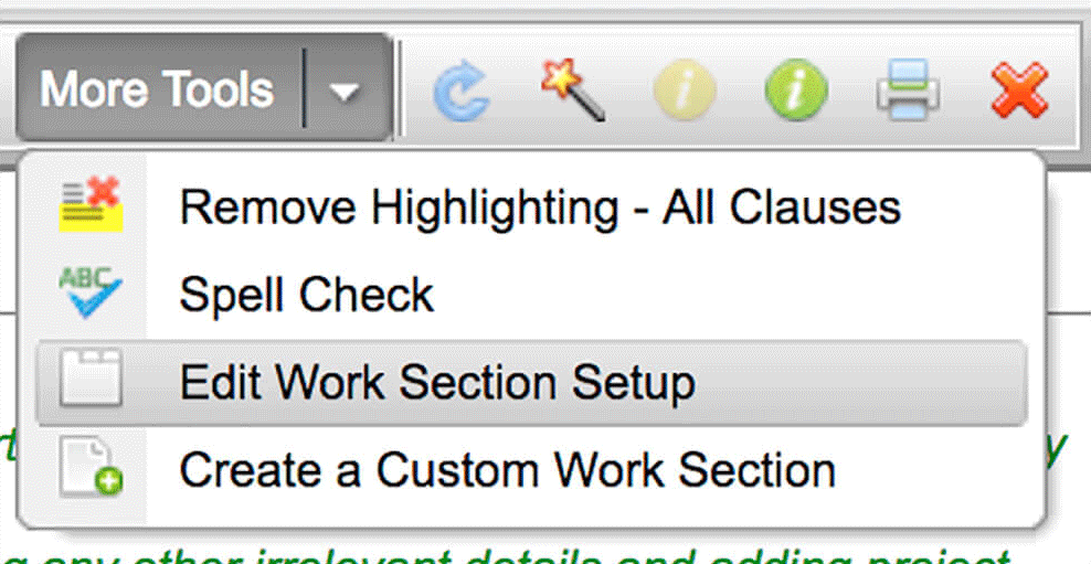 The Work Section Toolbar - Masterspec